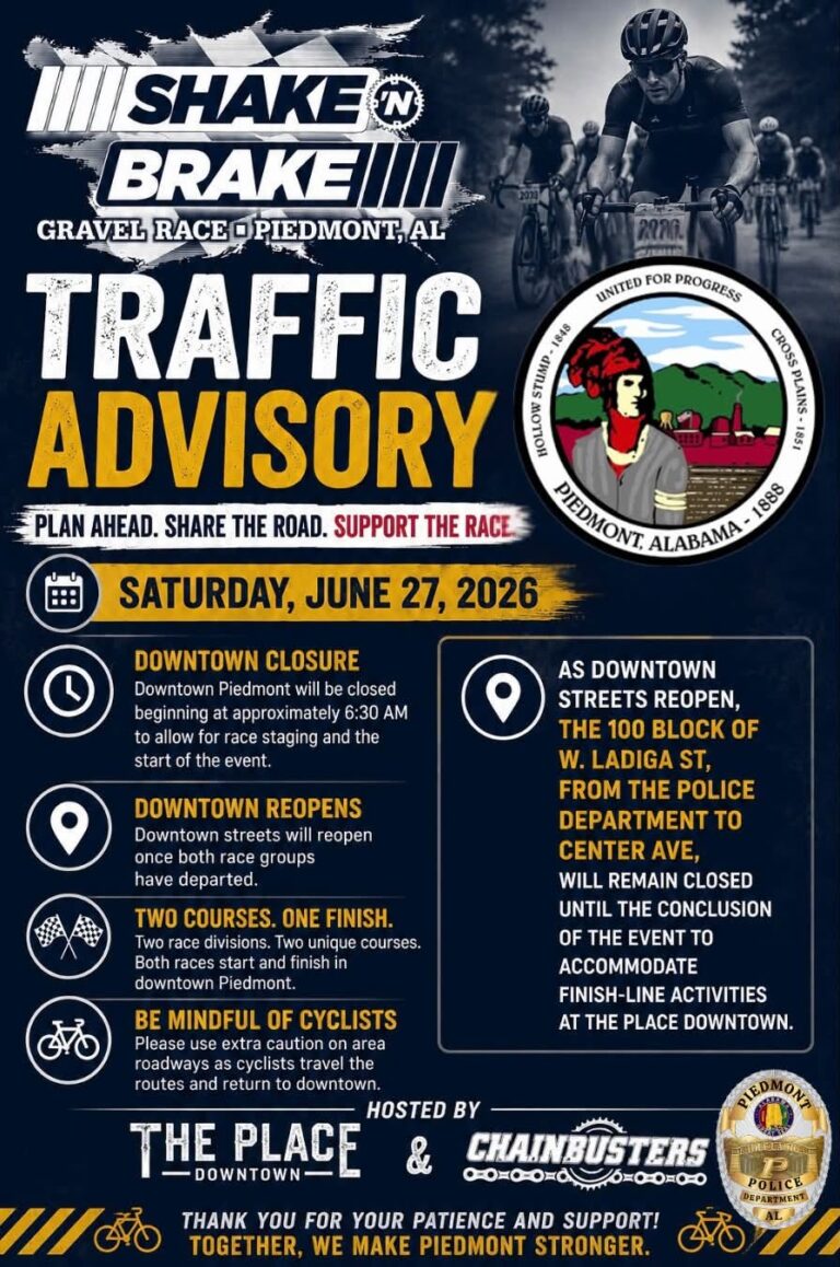Piedmont Police Department Issues Traffic Advisory for Shake-N-Bake ...